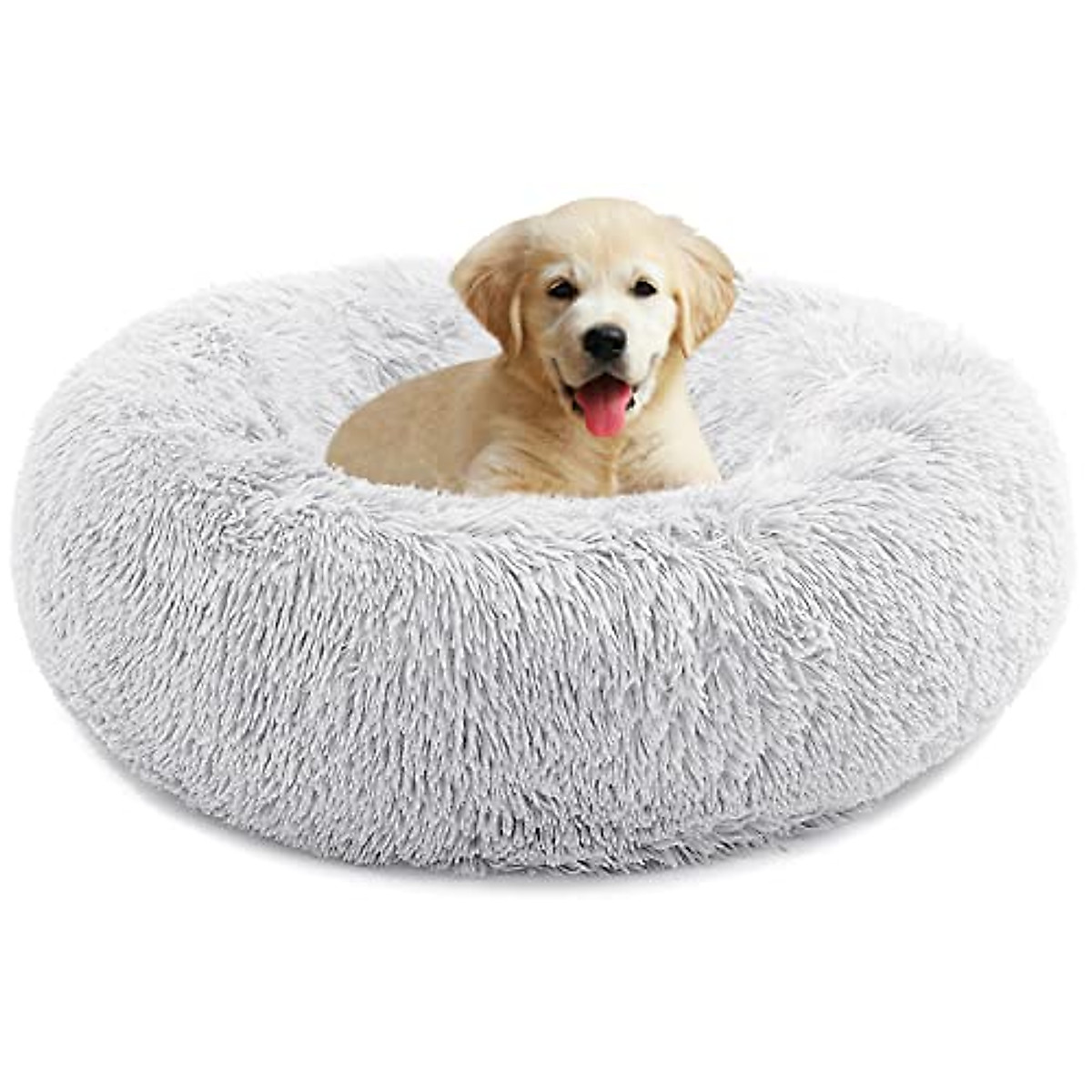 Calming Dog Bed for Medium Dogs, Anti Anxiety Donut Dog Bed, Round Dog Bed for Puppy, Plush Faux Fur Dog Bed, Fluffy Dog Bed, Soft Fuzzy Pet Bed, Machine Washable, 23x23inch Grey