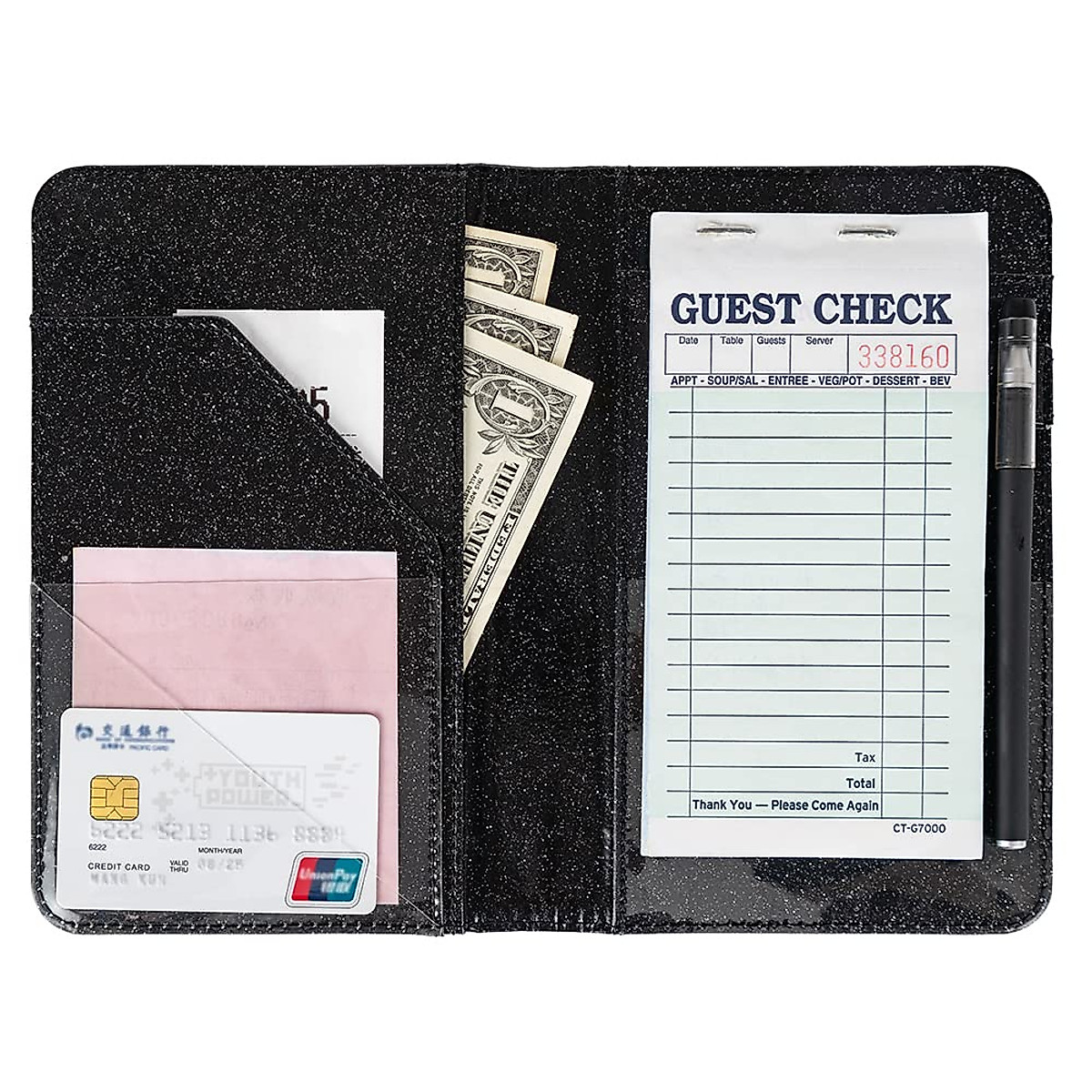 Glitter Server Book for Waitress,Restaurant Server Book for Waiter,Guest Check Serving Book with Pen Holder for Waiter Server Wallet(5x8 Black)