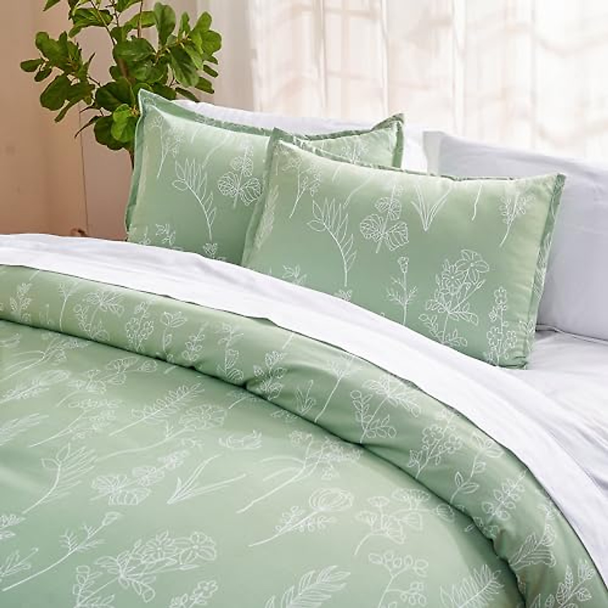 Litanika Comforter Full Size Bed Set Sage Green, 3 Pieces Floral Lightweight Bedding Comforter Sets, Gift Choice Cute Flowers Botanical Soft Blanket (1 Comforter, 2 Pillowcases)