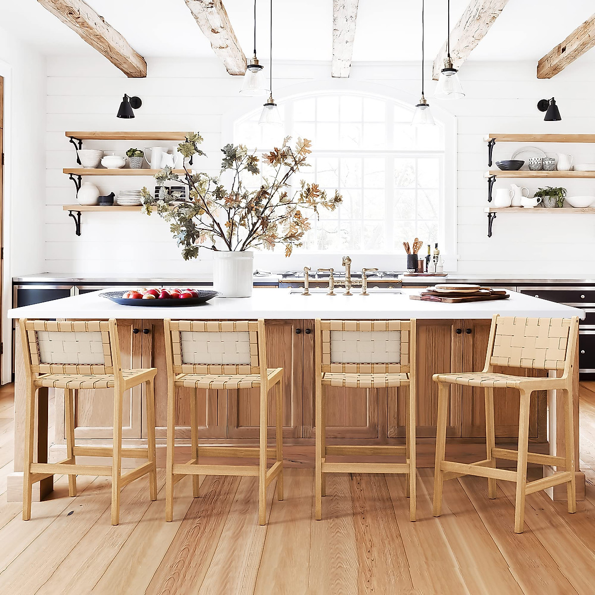 LUE BONA Counter Height Bar Stools 24inch, Set of 4 Faux Leather Woven Counter Stool with Backs, Woven Strips Rattan Barstools with Wood Legs for Home Kitchen, Deep Beige