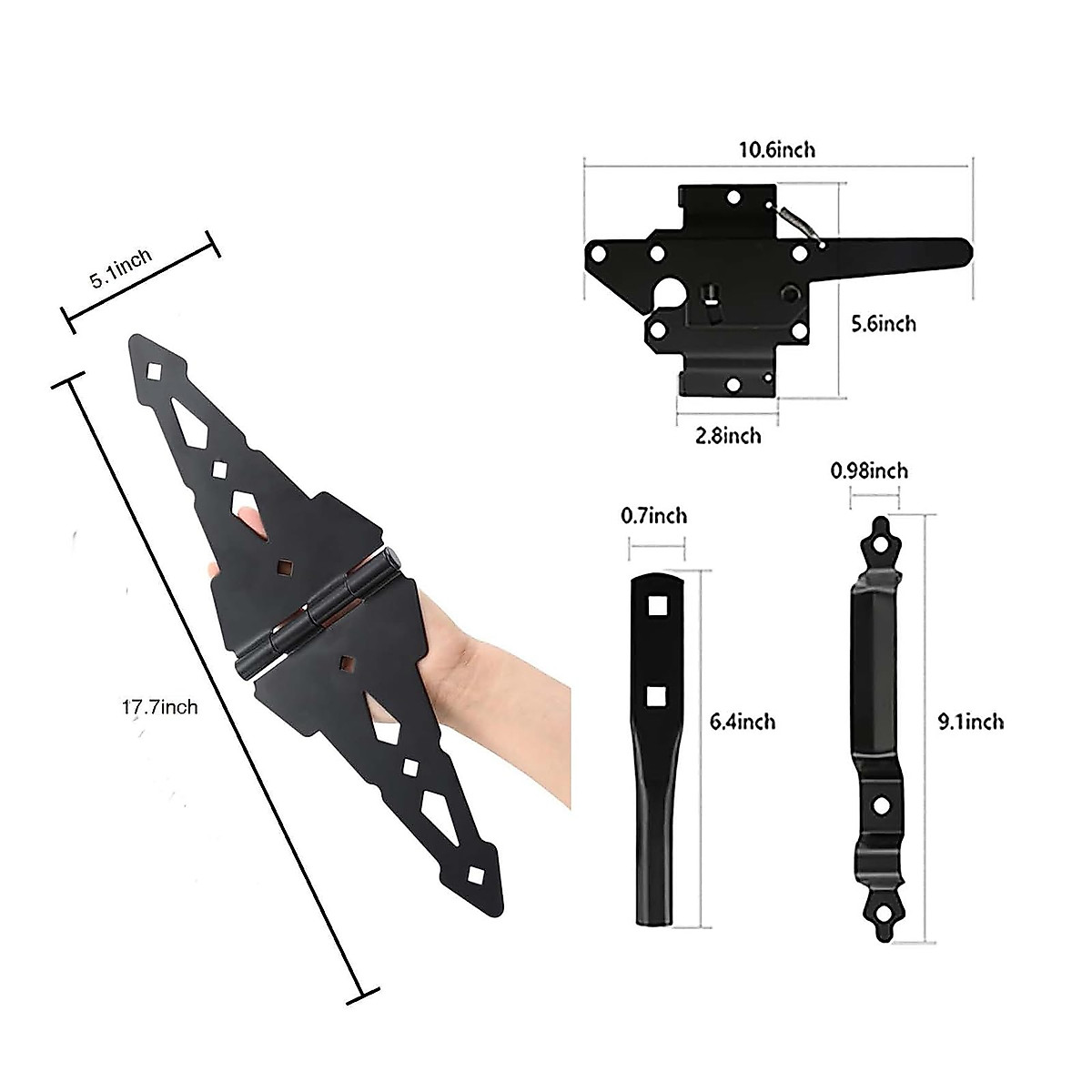 HOME MASTER HARDWARE Wood Gate Hardware Set - Heavy Duty 8" Decorative Strap Hinges and Spring Loaded Latch Gate Kit with Screws for Outdoor Fence Swing Gate Black Finish