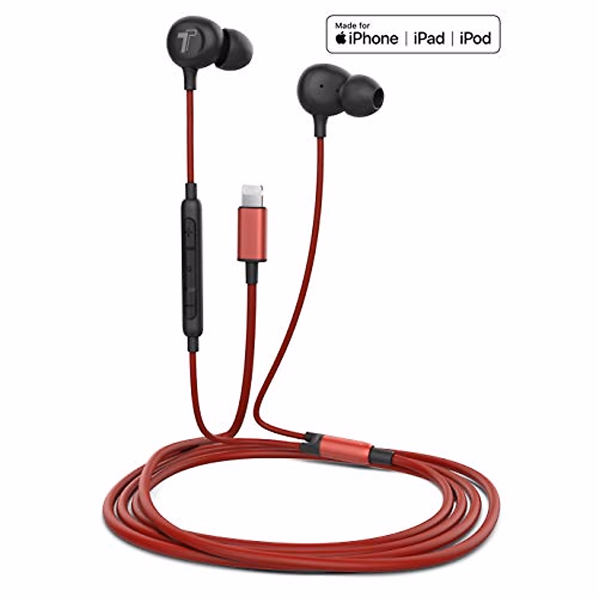 Thore iPhone 13/14 Earphones (V60) Wired in Ear Lightning Earbuds (Apple MFi Certified) Headphones with Microphone/Remote for iPhone 12/11/Pro Max/Xr/Xs Max/X/8/7 - Red