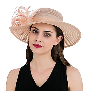 Dantiya Womens Organza Wide Brim Floral Feather Ribbon Kentucky Derby Church Dress Sun Hat, Flesh Pink Free