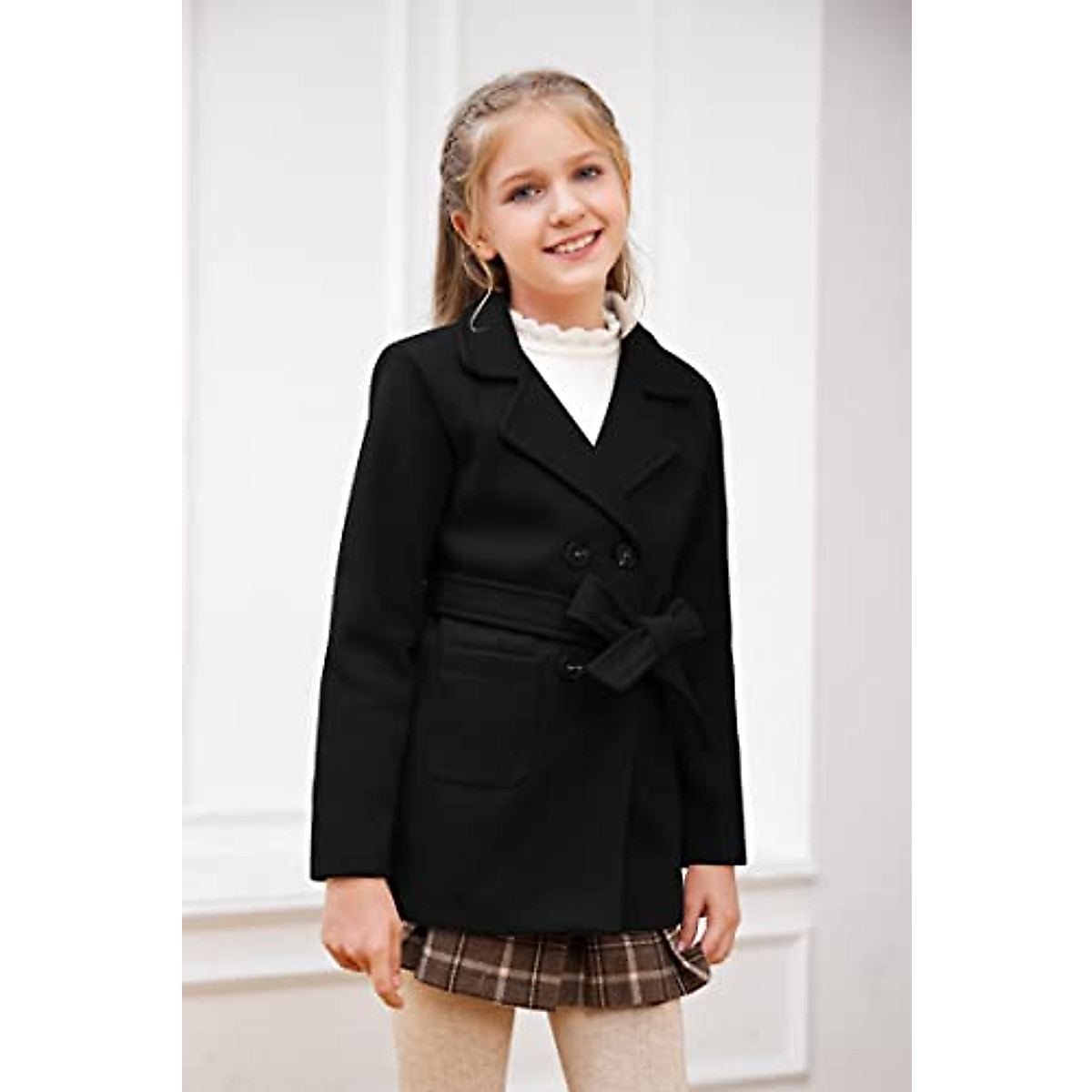 Baby Kids Boys Girls Classic Wool Blend Coat Winter Double Breasted Trench Coat Outwear Pea Coat Jacket with Belt Black