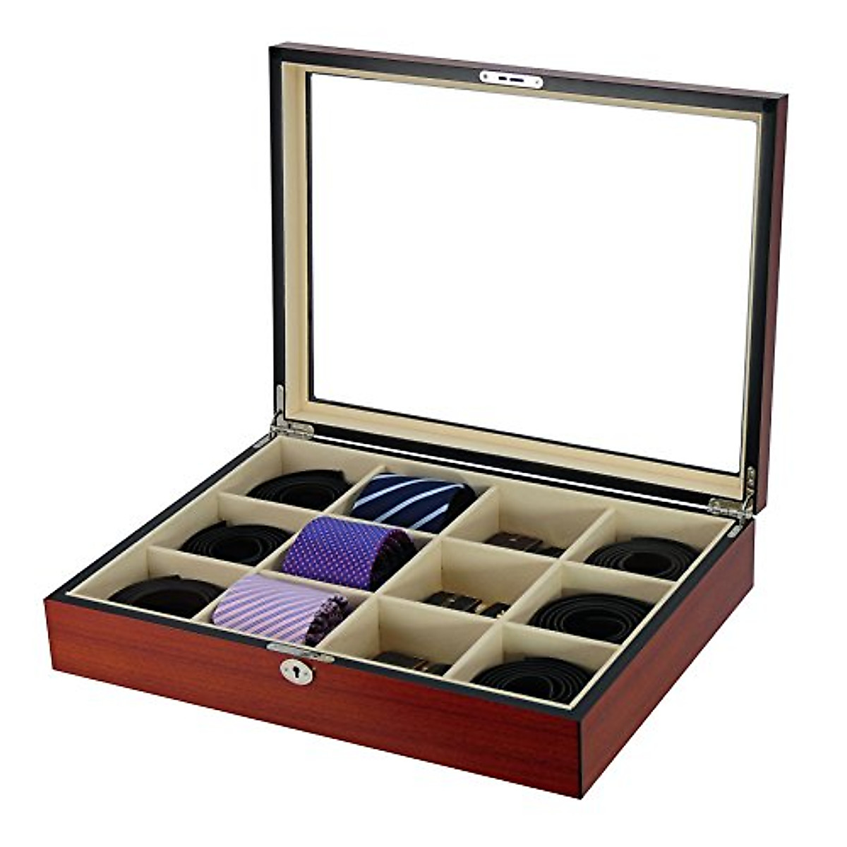 TIMELYBUYS Personalized Display Case for 12 Ties, Belts, and Accessories Cherry Wood Storage Box