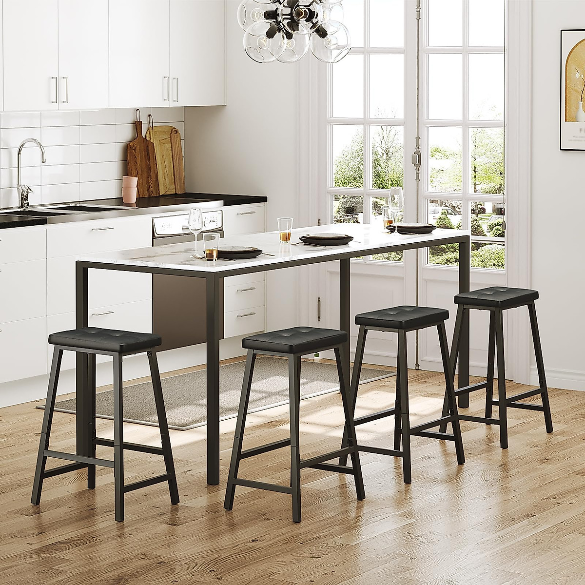 MAHANCRIS Bar Stools, Set of 2 PU Upholstered BarStools, 23.6-Inches Bar Chairs, Counter Height Bar Stools for Kitchen, Dining Room, Bar, Easy Assembly, Black BAHB04R01