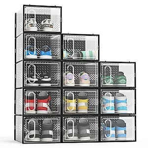 Hrrsaki XX-Large 12 Pack Shoe Storage Boxes, Shoe Boxes Clear Plastic Stackable, Shoe Organizer Boxes with Lids, Shoe Container Boxes for Closet, Black