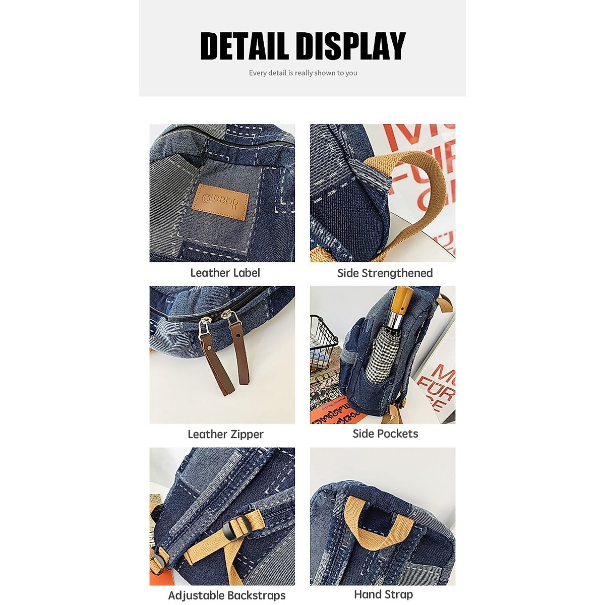 JHTPSLR Preppy Backpack Denim Patch Backpack Vintage Aesthetic Backpack Cowboy Backpack Cool Street Backpack Book Bags Supplies (Black)