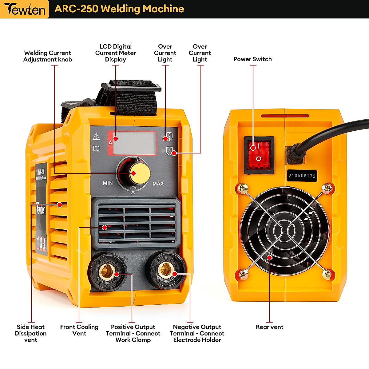 250Amp MMA Welder, TEWLEN ARC Welding Machine Kit, Portable 110V IGBT Digital Display LCD Hot Start Welder Electric Welder Machine with Electrode Holder,Earth Clamp,Mask,Brush,Welding Rods,Gloves