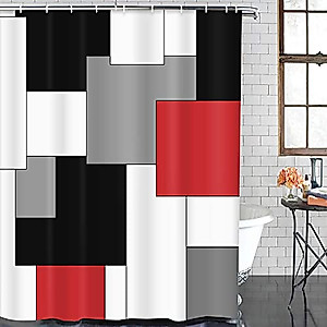 Red Black Grey Modern Bathroom Sets with Shower Curtain and Rugs and Accessories, Modern Shower Curtain Sets, Abstract Shower Curtains for Bathroom, Yellow Black Grey Abstract Bathroom Decor 4 Pcs