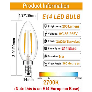 Lamsky E14 European Base LED Filament Edison Bulb, 2W Warm White 2700K, No-Dimmable (4-Pack)
