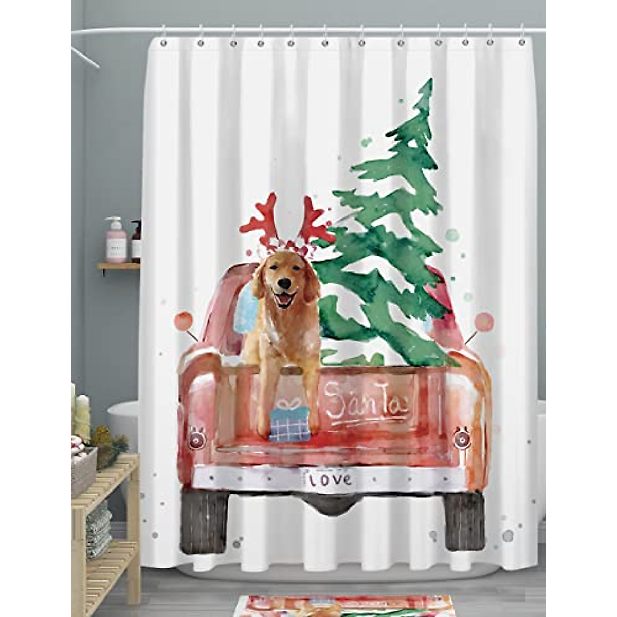 SUMGAR Christmas Shower Curtain for Bathroom Tree Holiday Fabric Cloth Winter Funny Dog Red Truck Shower Curtains Set with Hooks 72 x 72 inch