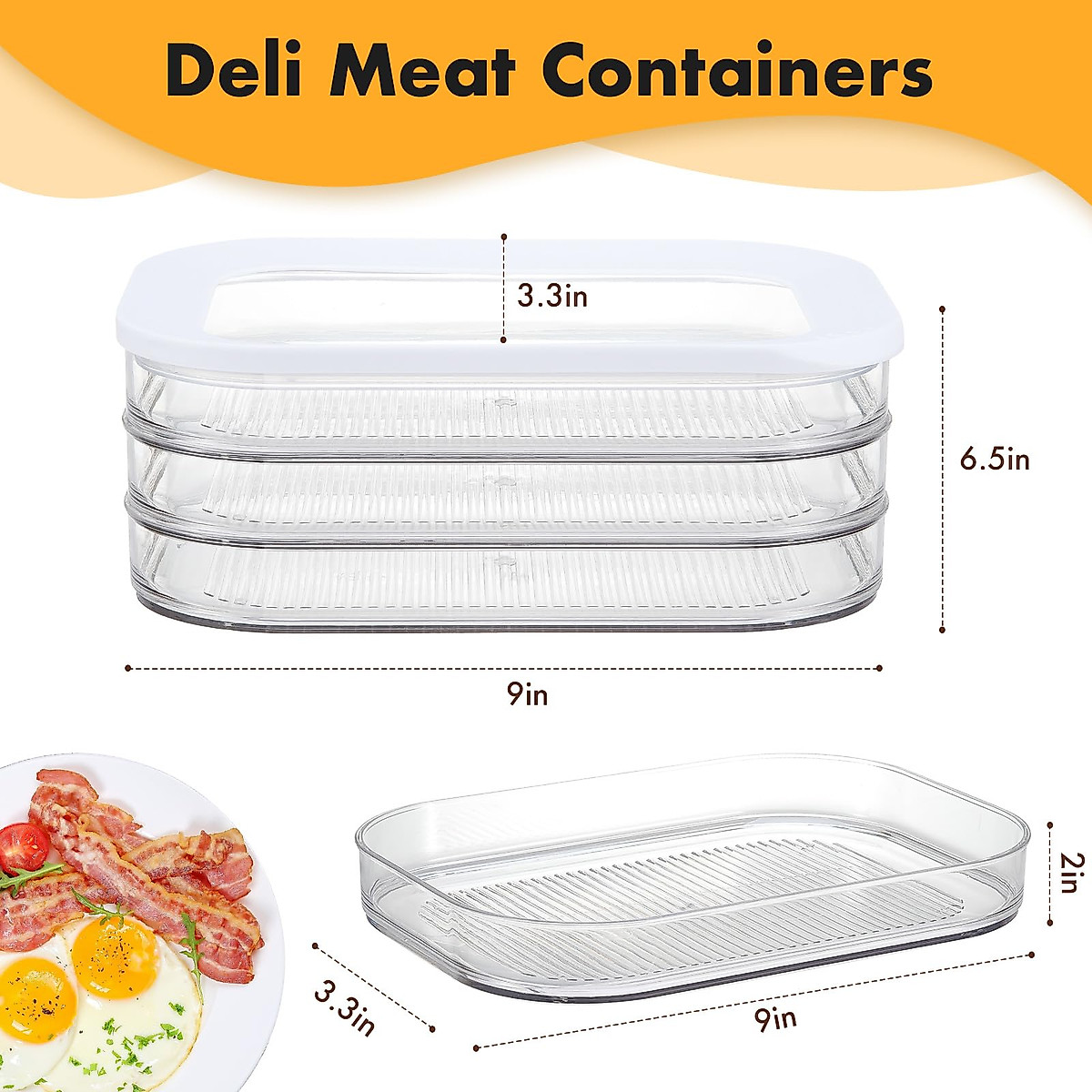 PARBEE Bacon Container for Fridge, 3 Layers Deli Meat Container, Stackable Cheese and Cold Cuts Holder Food Storage Box with Lid for Refrigerator