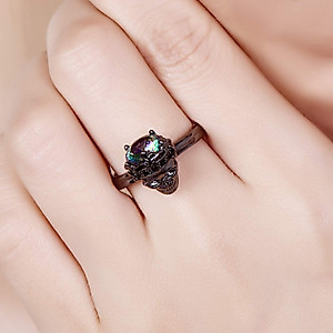 Narica Black Gold Plated Women's Antique Gothic Skull Ring Retro Oxidized Finished Round Cut Created Rainbow Topaz CZ Cubic Zirconia Filled Vintage Band Halloween 6#