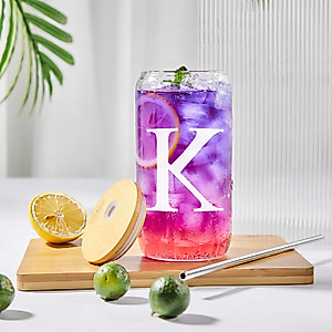 Elysine Initial Glass Cup 16oz, Monogrammed Gifts for Women, Glass Can Cup w/Bamboo Lid Straw,Personalized Valentines Mother Day Birthday Gifts for Women, Mom, Wife, Girlfriend, Sister, Friends (K)