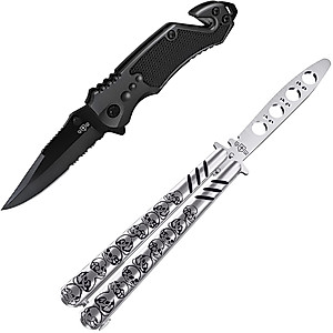 Bundle of 2 Items - 2,95” Serrated Blade Pocket Knife - Black Folding Knife with Glass Breaker and Seatbelt Cutter - Small EDC Knife - Dull Not-Sharp Blade - Skeleton Dull Trick Butterfly Knifes