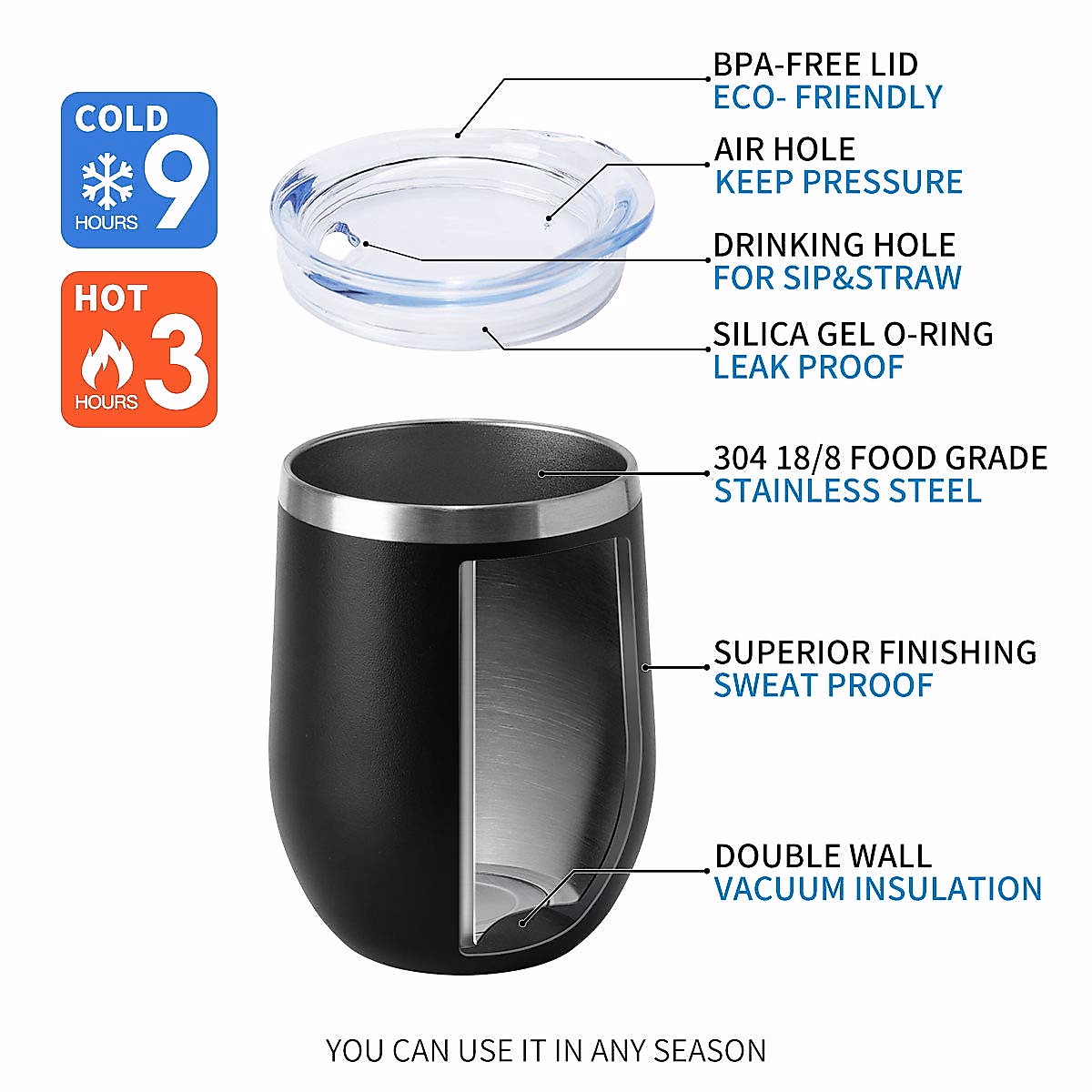 HASLE OUTFITTERS 12oz Wine Tumbler with Lid Stemless Wine Glasses Double Wall Vacuum Travel Mugs stainless steel Coffee Cup for Cold & Hot Drinks Wine Coffee Cocktails Beer 12 Pack Black