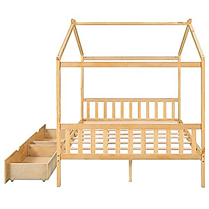 RUNWON Full Size House Platform Bed with Two Drawers,Headboard and Footboard,Roof Design for Kids Adults Bedroom