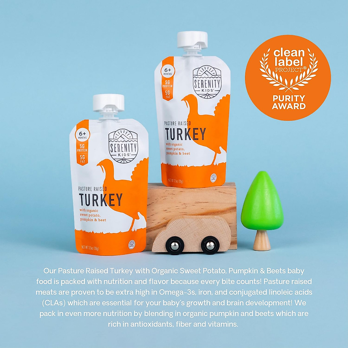 Serenity Kids 6+ Months Baby Food Pouches Puree Made With Ethically Sourced Meats & Organic Veggies | 3.5 Ounce BPA-Free Pouch | Free Range Turkey, Sweet Potato, Pumpkin, Beet | 1 Count