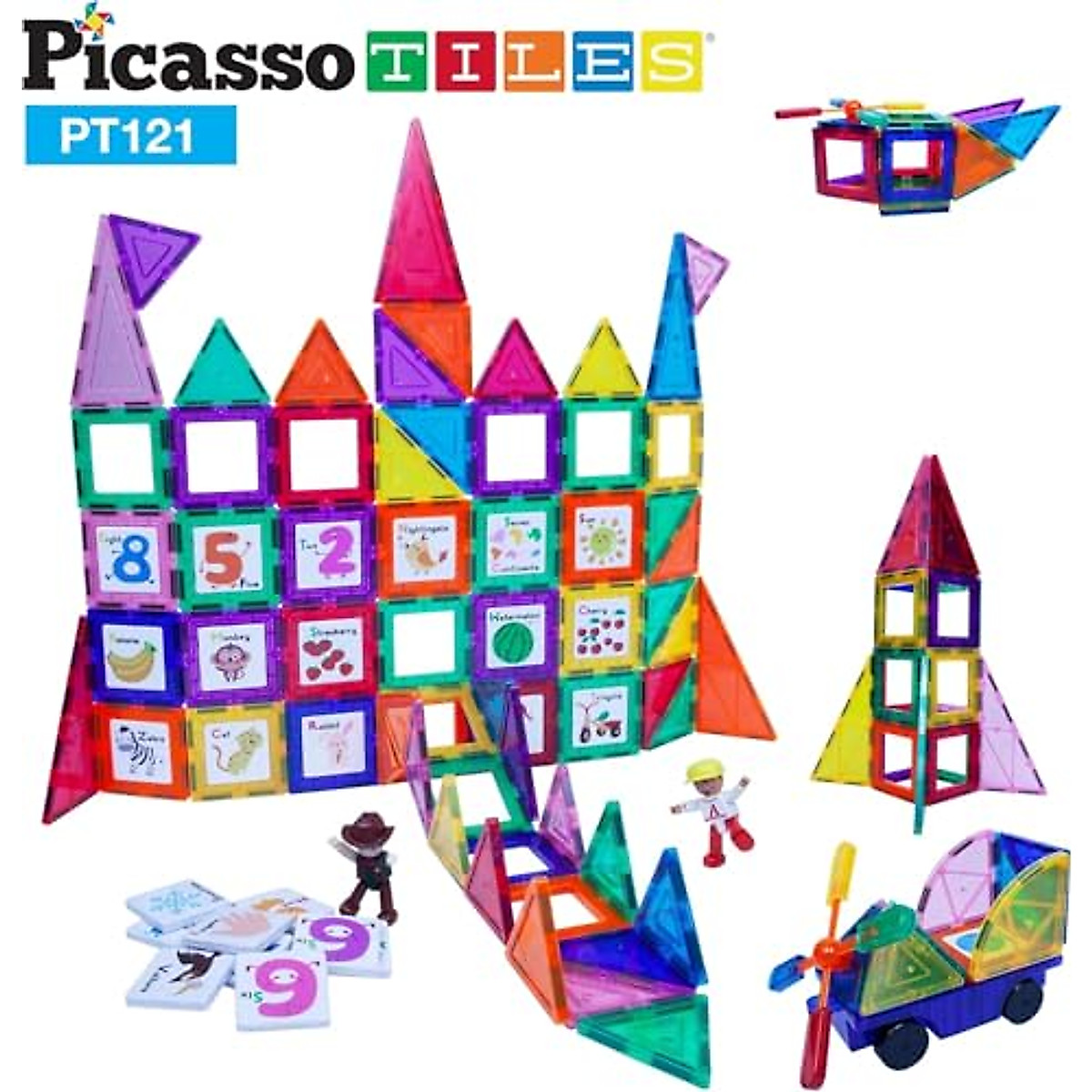 PicassoTiles 121 pc Master Builder Magnetic Building Block Construction Set Magnet Tiles Blocks with Car Truck, 2 Character Action Figures, 28 Educational Alphabet Animal and Number Graphics, Windmill