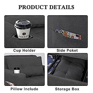 DURASPACE Futon Sofa Bed, 3 in 1 Convertible Sofa Chair Bed, Adjustable Backrest Chair, Chaise Lounge with USB Ports, Cup Holder, Side Pocket, Storage Box for Living Room (Dark Gray Linen)