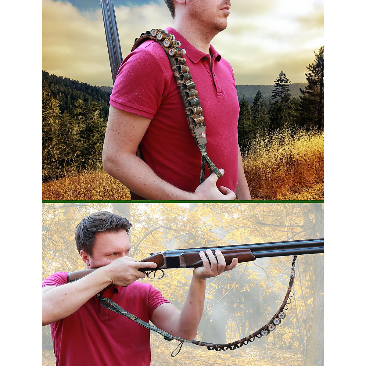 Underalert Shotgun Sling 12 Gauge with 15 Shell Holders, Adjustable Gun Sling with Thumb Loop and Built-in Swivels, 12ga Shotgun Strap for Hunting Turkeys, 2 Point Shot Gun Bandolier (Waterfowl Camo)