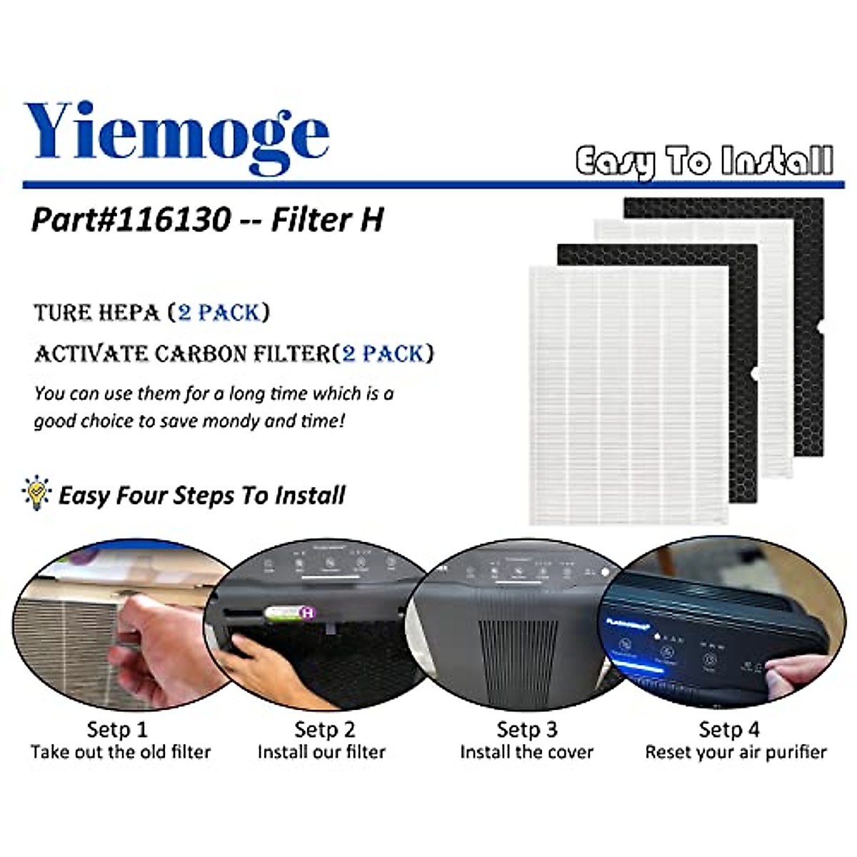 Yiemoge 116130 Replacement filter H: Compatible with winix 5500-2 Air Purifier - 2pack TURE HPEA filters + 2pack Activated Carbon Filters