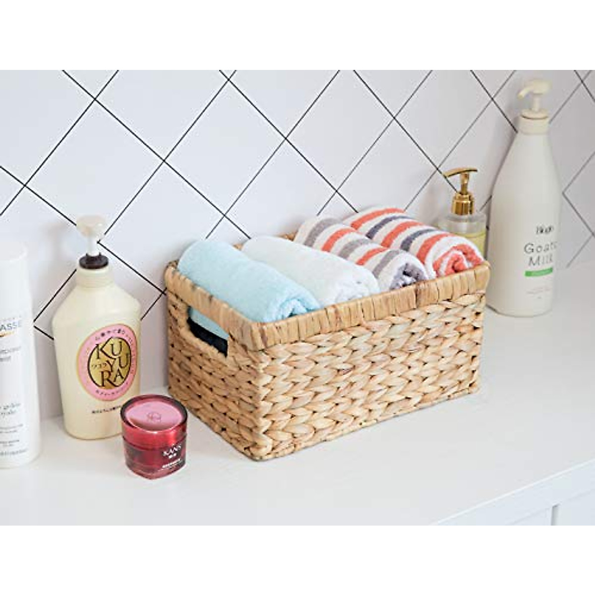 Natural Woven Water Hyacinth Wicker Rectangular Storage Bin Basket with Handles, Small