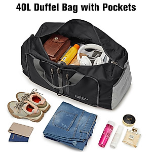G4Free 40L/65L Foldable Duffel Bag, Water-Repellent Travel Backpack, Lightweight Carry Bag for Overnight Weekender Sports Men Women, Balck, 40L