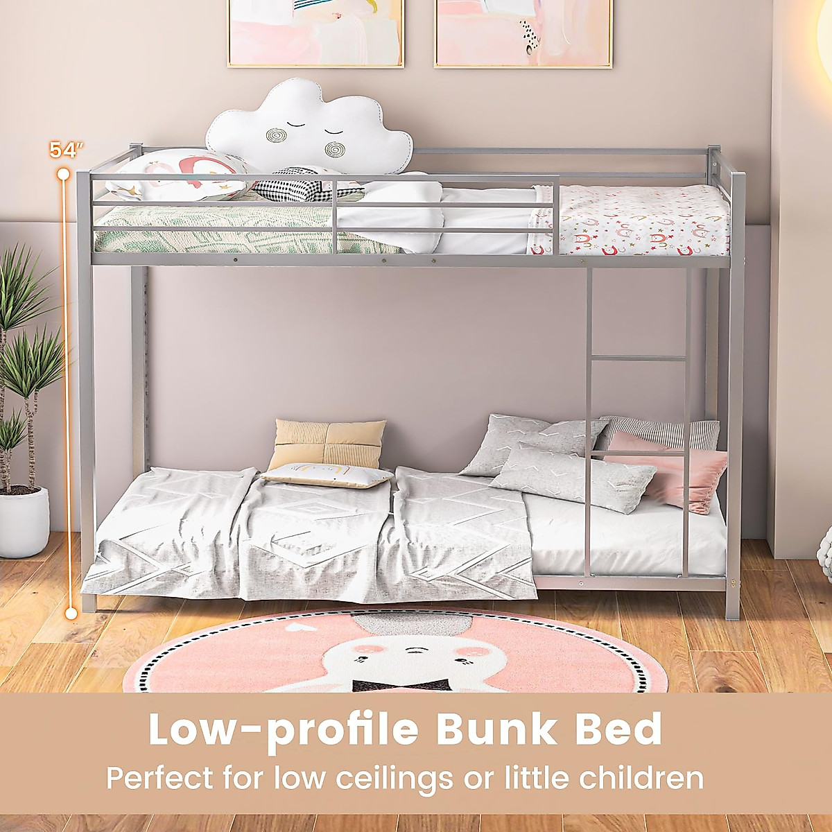 Giantex Metal Bunk Bed Twin over Twin, Low Profile Bunk Bed Frame with Ladder & Full Length Guardrail, Space-saving Twin Size Bed Frame for Kids Teens, No Box Spring Needed (Silver)