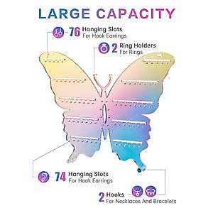 NiHome Iridescent Acrylic Butterfly Wall Mount Jewelry Organizer, Aesthetic Earring and Necklace Holder for Home and Store Use, Easy No-Tool Installation & Elegant Design for Enhanced Jewelry Display