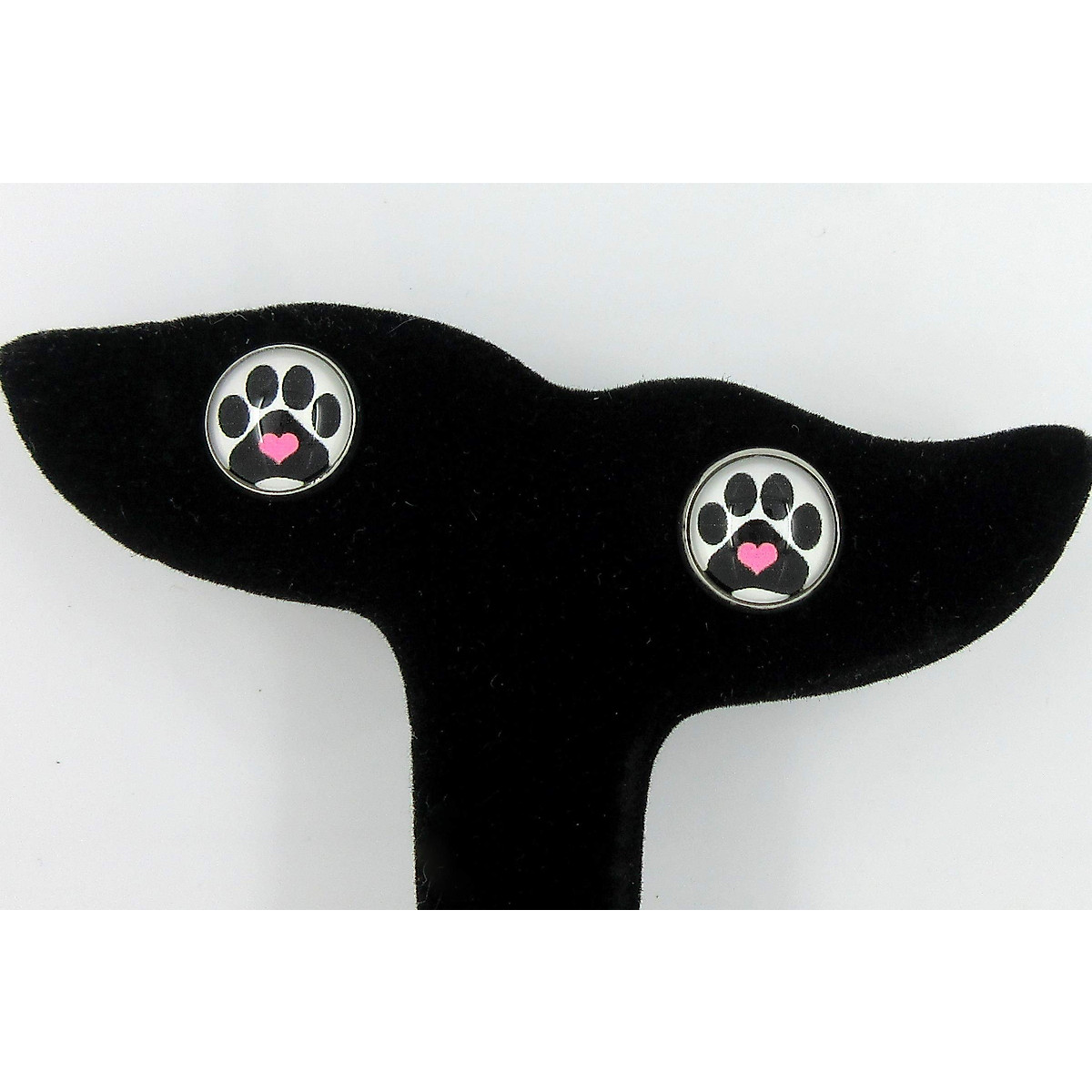 Summerfield Collection Stainless Steel Black and White Paw Print Pink Heart Glass Stud Earrings 12mm