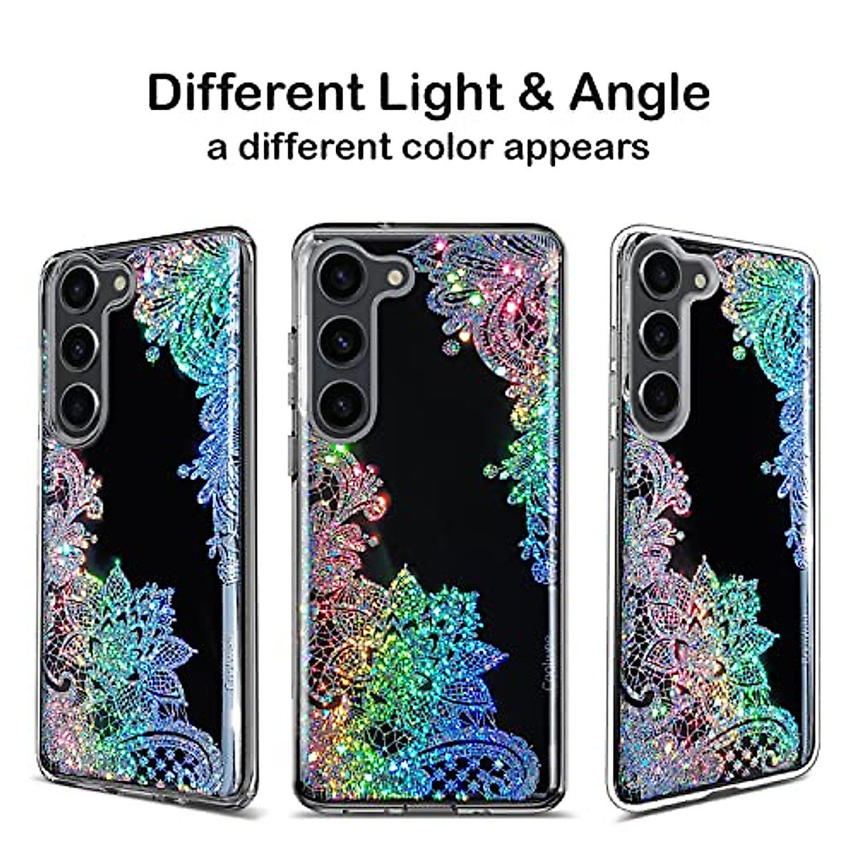 Coolwee Clear Glitter for Samsung Galaxy S23 Case, 6.1 inch, Anti Yellowing Military Grade Drop Protection Shockproof Flower Slim Crystal Bling Lace Floral Hard PC Soft TPU Bumper Cover Mandala Henna