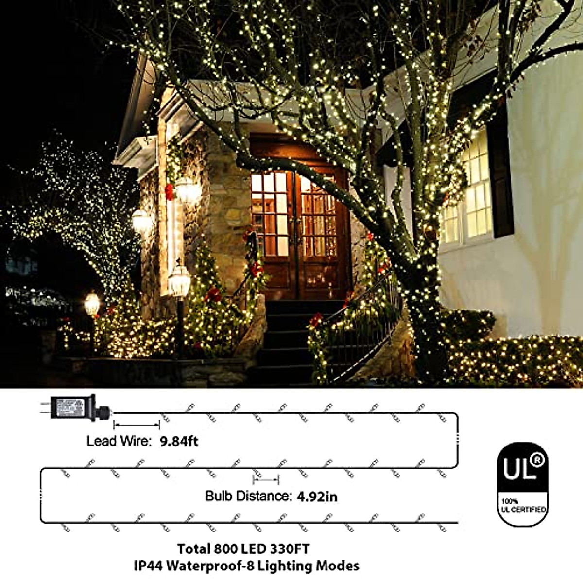 ZHOUDUIDUI Christmas Lights Outdoor, 800LED 330FT Warm White String Lights, 8 Mode Plug in Waterproof Decor Twinkle Lights for Bedroom Xmas Thanksgiving Wedding Party Garden Yard Tree Decoration
