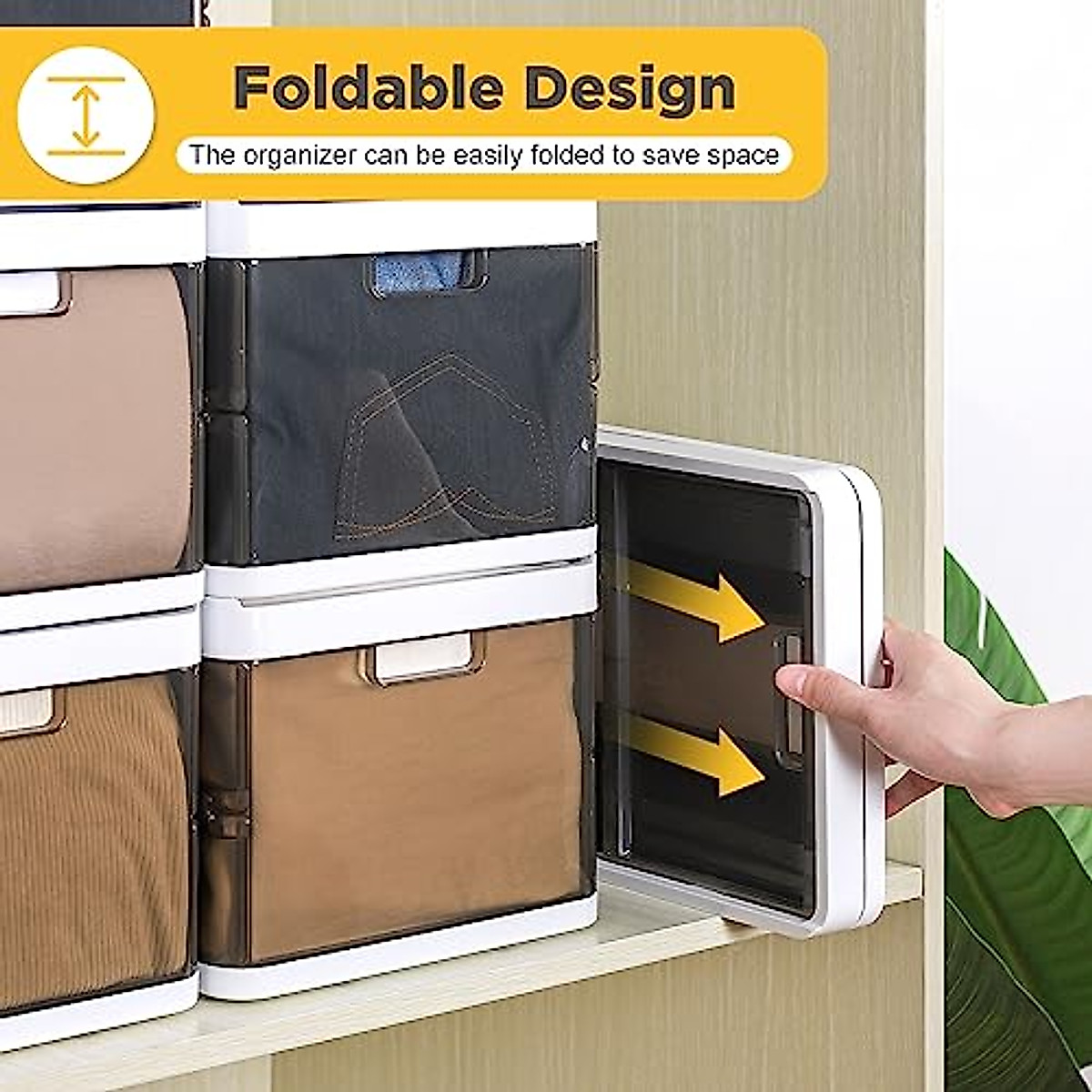 Homde Wardrobe Clothes Organizer for Jeans, 3 Pack Stackable Foldable Closet Drawer Organizer Storage Box Bin for Sweater, Bra, Underwear, T-shirts, Socks, with Cover and Handle, Plastic