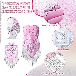 Xtinmee 5 Pcs Rhinestone Cowgirl Hat Bandana with Fringe Earrings 1 Cowboy Hat 2 Disco Fringe Tassel Bandanas and 2 Earrings (White,Modern Style)