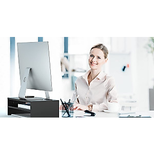 Monitor Stand Riser, 2 Tiers Wood Monitor Riser Stand with Storage Organizer, Desktop Ergonomic Monitor Stand Riser with Cellphone Holder and Cable Management, 16.5 Inch Shelf Black