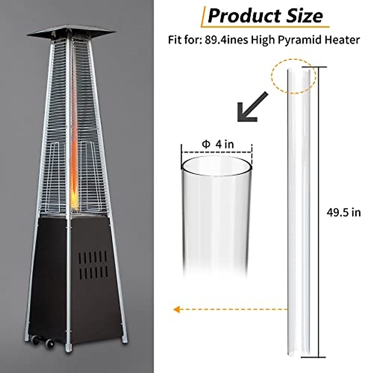 yukang Sobalai 4-Sided Pyramid Flame Heater Parts Replacement, Quartz Glass Tube, 49.5 inch Tall 4 inch Diameter, Table Top Patio Tube with Neoprene Ring Silicon Replacement (No Fit majority 3-Sided)