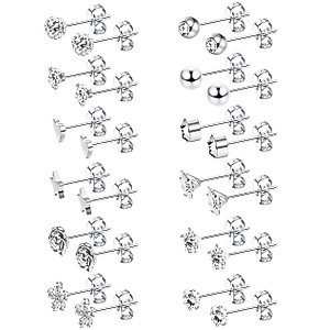 LOYALLOOK 12 Pairs Earrings for Women Studs Set Dainty Surgical Steel Earrings Tiny CZ Flower Heart Star Ball Silver Stud Earrings for Women