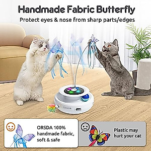 ORSDA 3-in-1 Cat Toys Rechargeable, Interactive Cat Toys for Indoor Cats Automatic Kitten Toy, Moving Ambush Feather, Fluttering Butterfly Toy, Track Balls, Whack a mole Cat Teaser with 6 Attachments