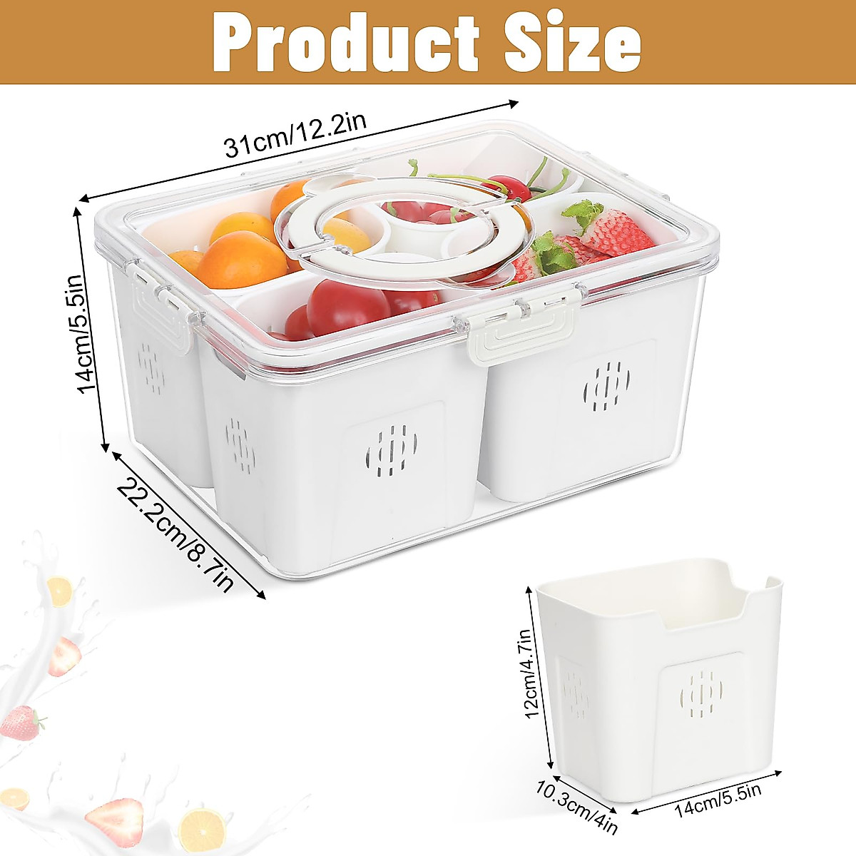 Dualshine Airtight Fruit Storage Containers for Fridge with lid and Handle,4 Removable Colanders,Food Storage Container for Fruit, Vegetables,Fresh Produce Saver,Great Refrigerator Organizer Bins