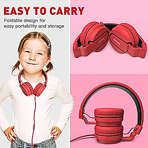 rockpapa 950 Headphones with Microphone for Kids for School Computer, On-Ear Headphones Wired Foldable for Boys chilrens Girls Teens Students Youth Adult Black Red