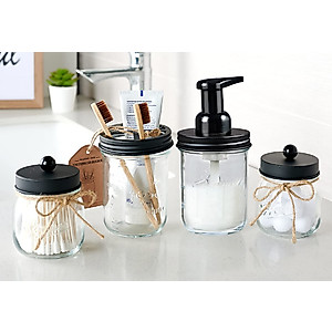 Mason Jar Bathroom Accessories Set - Includes Mason Jar Foaming Hand Soap Dispenser and Toothbrush Holder - Rustic Farmhouse Decor Apothecary Jars Bathroom Countertop and Vanity Organizer (Black)