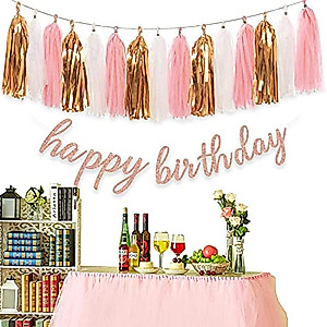 Aonor Rose Gold Birthday Party Decorations - Glittery Rose Gold Happy Birthday Banner and Tissue Paper Tassels Garland for Birthday Decorations