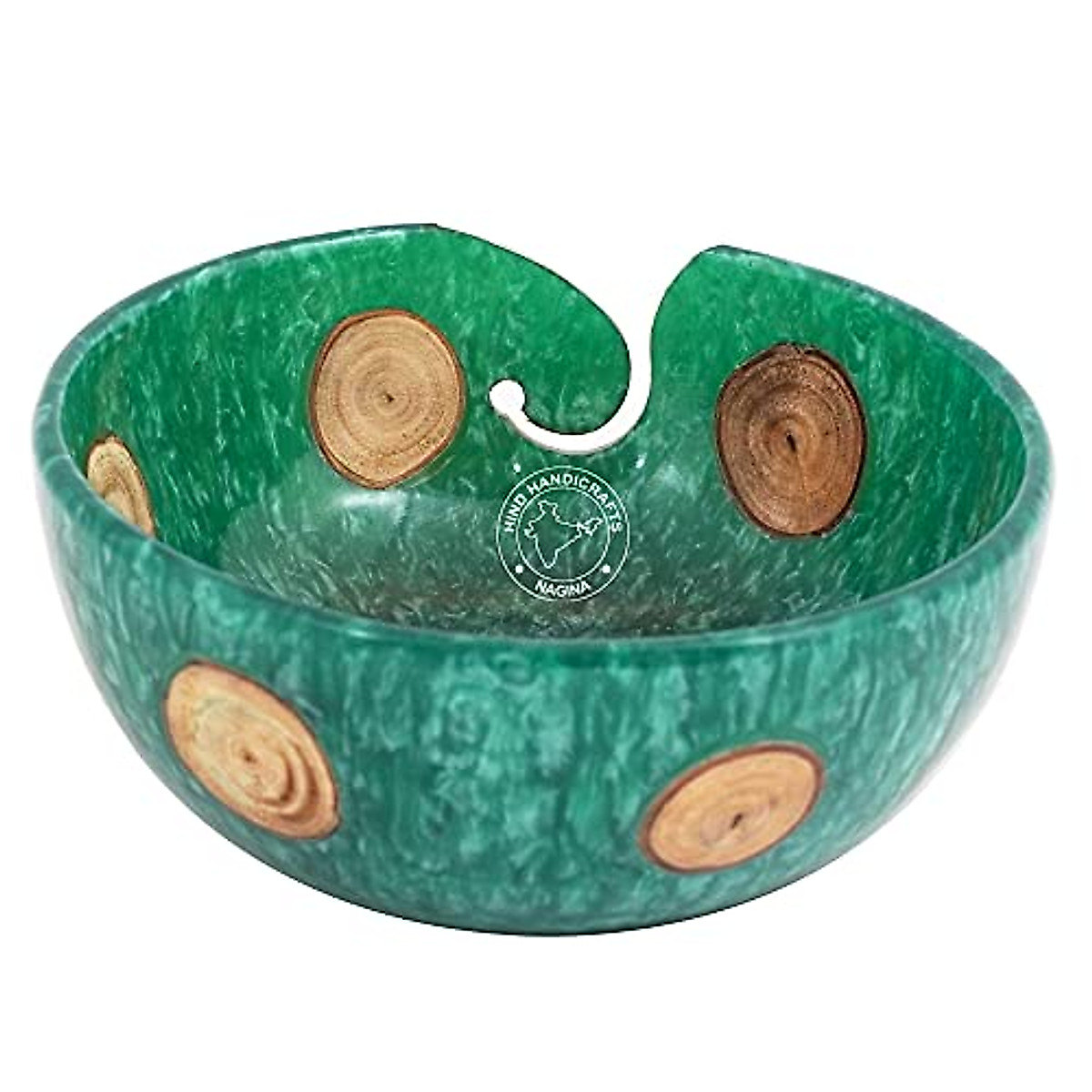 Hind Handicrafts Antique Resin Teak Sliced Log Wooden Portable Yarn Storage Bowl - Solid Dark Handmade Crafted - Holder for Knitting Crochet Hook Accessories (6" x 6" x 3", Green)