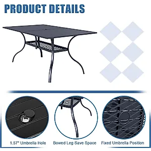 Crownland Outdoor Patio Dining Table, 60" x 37"Rectangle Metal Patio Table with 1.57" Umbrella Hole, Outdoor Furniture Dining Table for 6-8 Person, for Backyard, Garden, Classic Black