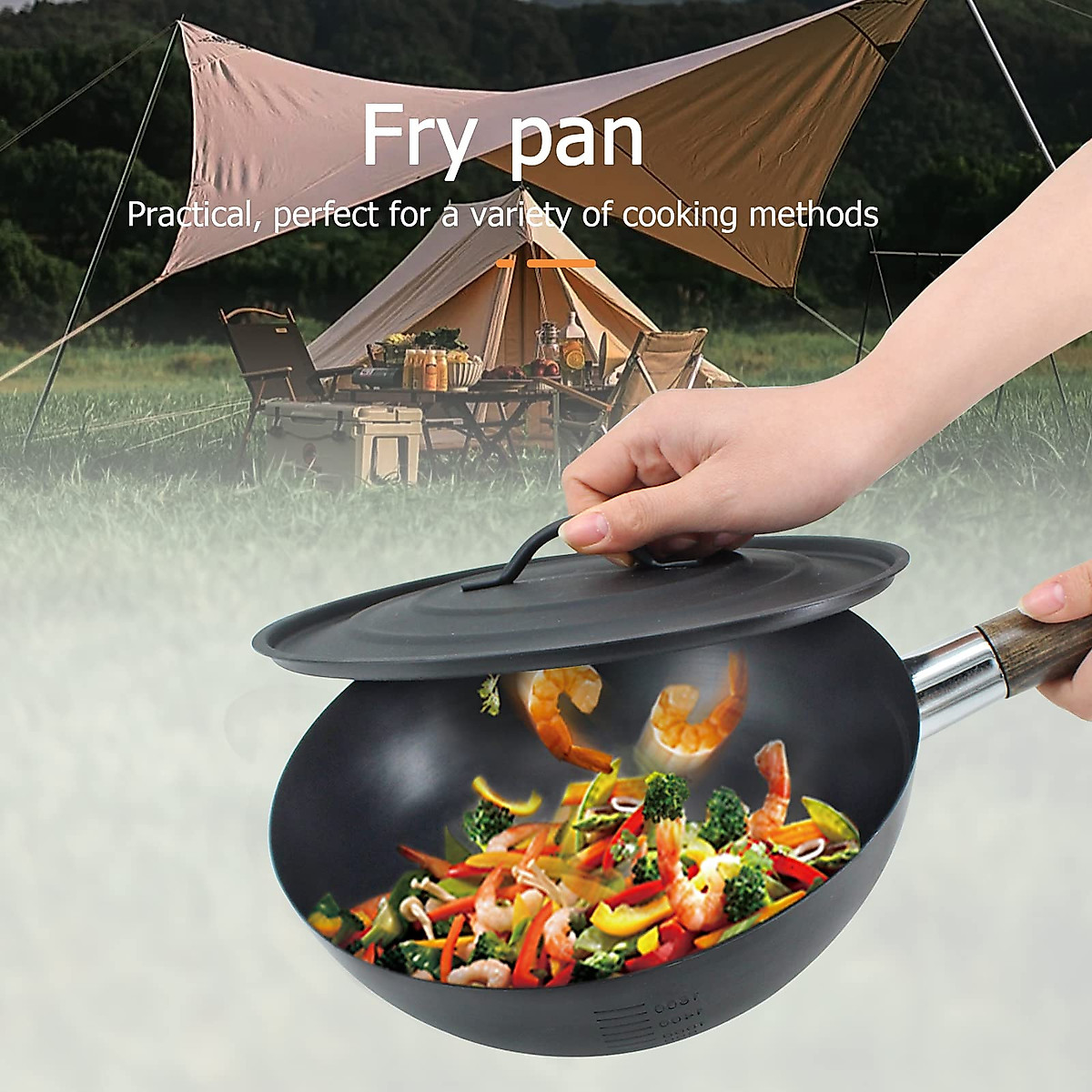 POLARBEAR Camping Iron Stir-Fried Wok 9" Uncoated Chinese Style Small Deep Wok Flat Bottom Wok with Iron Lid & Handle for All Stoves