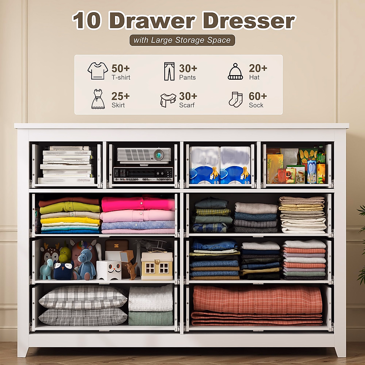 EnHomee White Dresser, Dresser for Bedroom with 10 Wood Drawers Dressers & Chests of Drawers with Smooth Metal Rail, Wide Storage Dressers Organizer for Hallway, Bedroom, 52.2W*15.8" D*35.8" H
