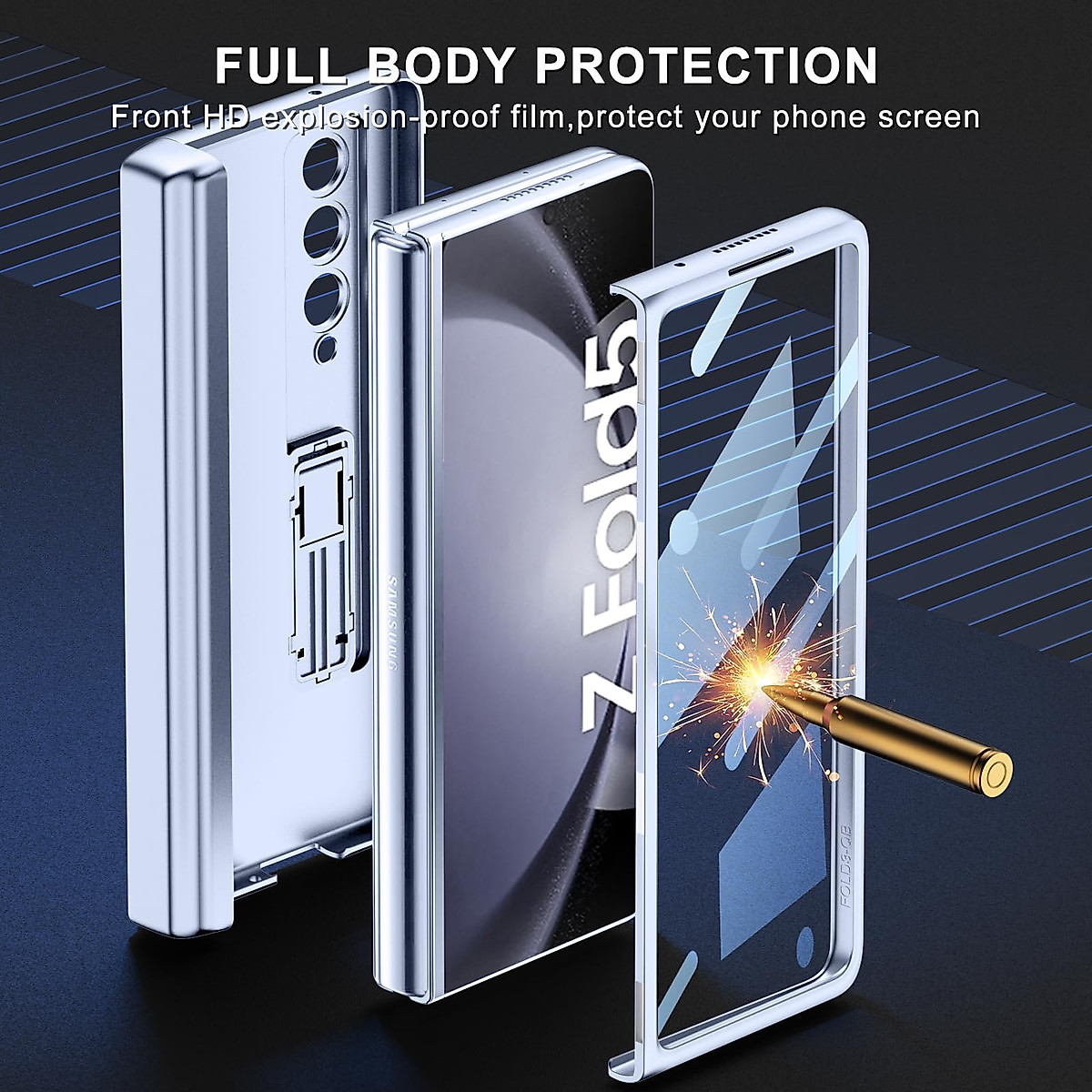 DOOTOO for Samsung Galaxy Z Fold 5 Case with [Fold5 Edition S-Pen Holder] Magnetic Hinge Coverage Protective Built-in Screen Protector Kickstand Shockproof All-Inclusive Case (Light Blue)