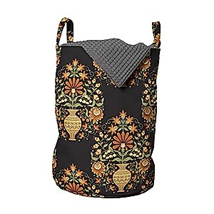 Lunarable Bohemian Art Laundry Bag, Flowers and Khaki Leaves in Vintage Folk Vase Design Pattern, Hamper Basket with Handles Drawstring Closure for Laundromats, 13" x 19", Dark Taupe Grey and Amber